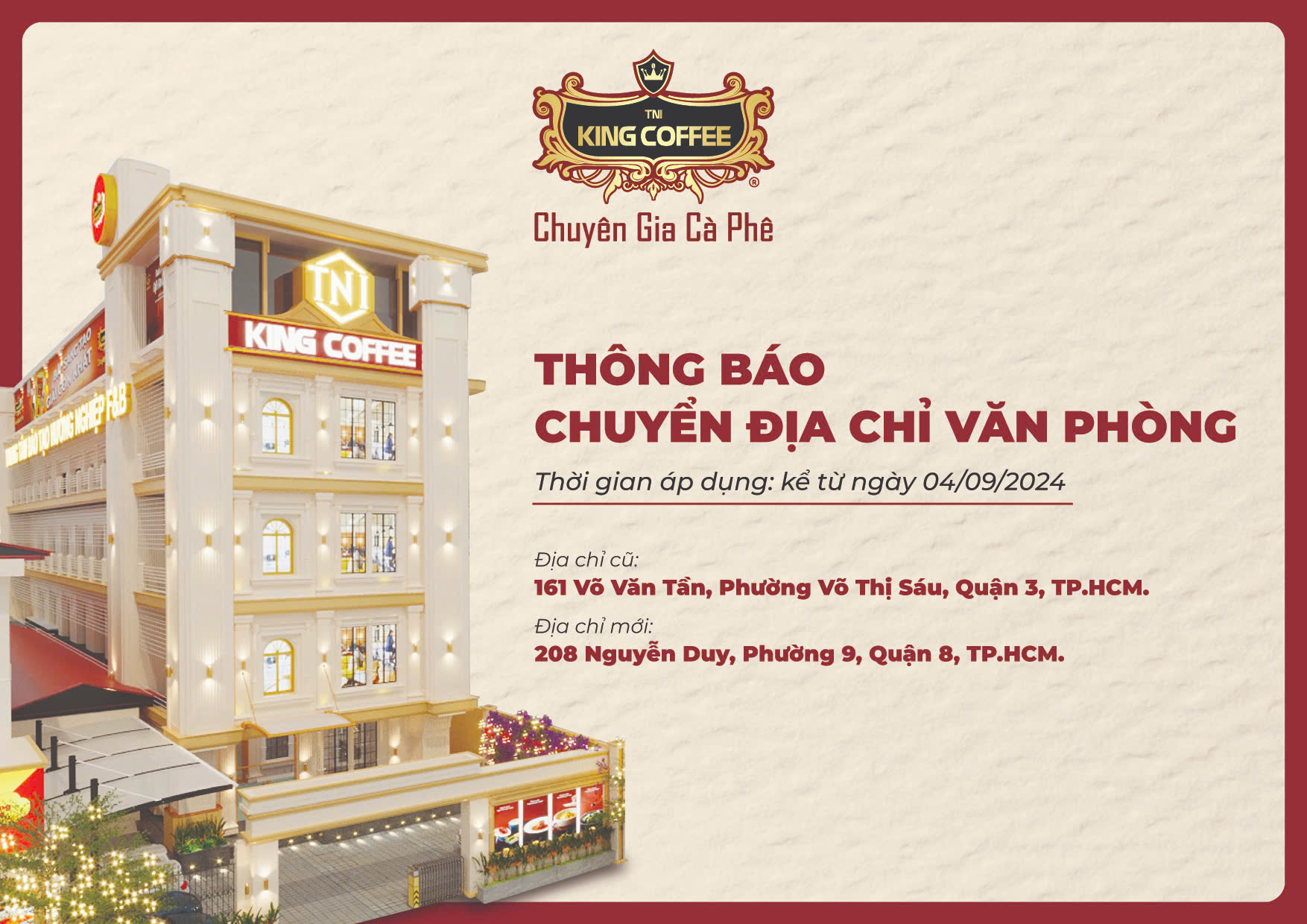 KingCoffee | THÔNG BÁO CHUYỂN ĐỊA ĐIỂM VĂN PHÒNG TNI KING COFFEE